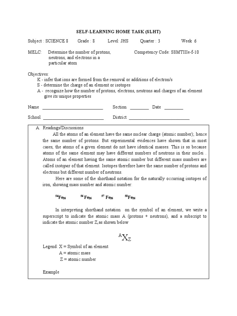 Self-Learning Home Task (SLHT) | PDF | Chemical Elements | Isotope