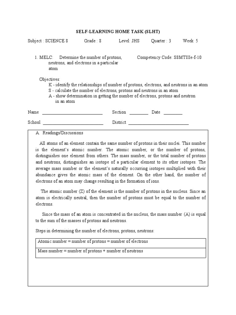 Self-Learning Home Task (SLHT) | Download Free PDF | Atoms | Proton