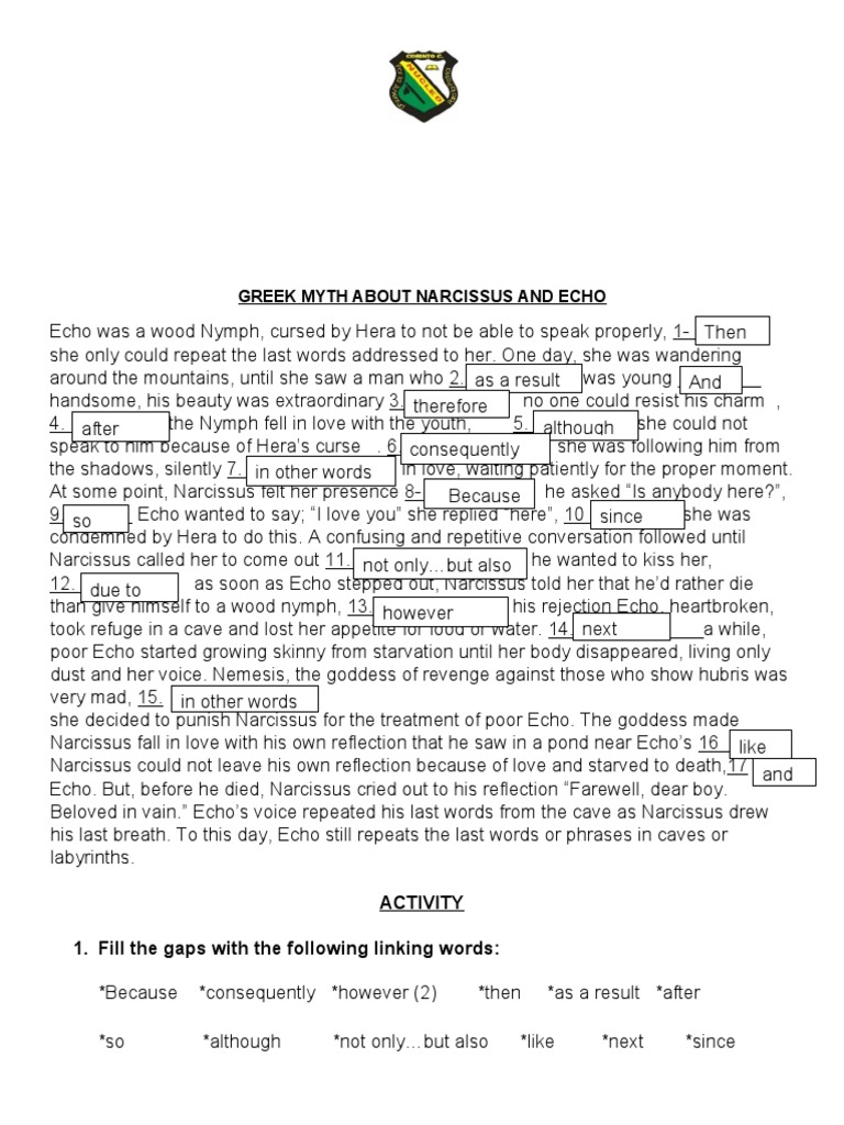 Greek Myth About Narcissus and Echo: Activity 1. Fill The Gaps With The ...