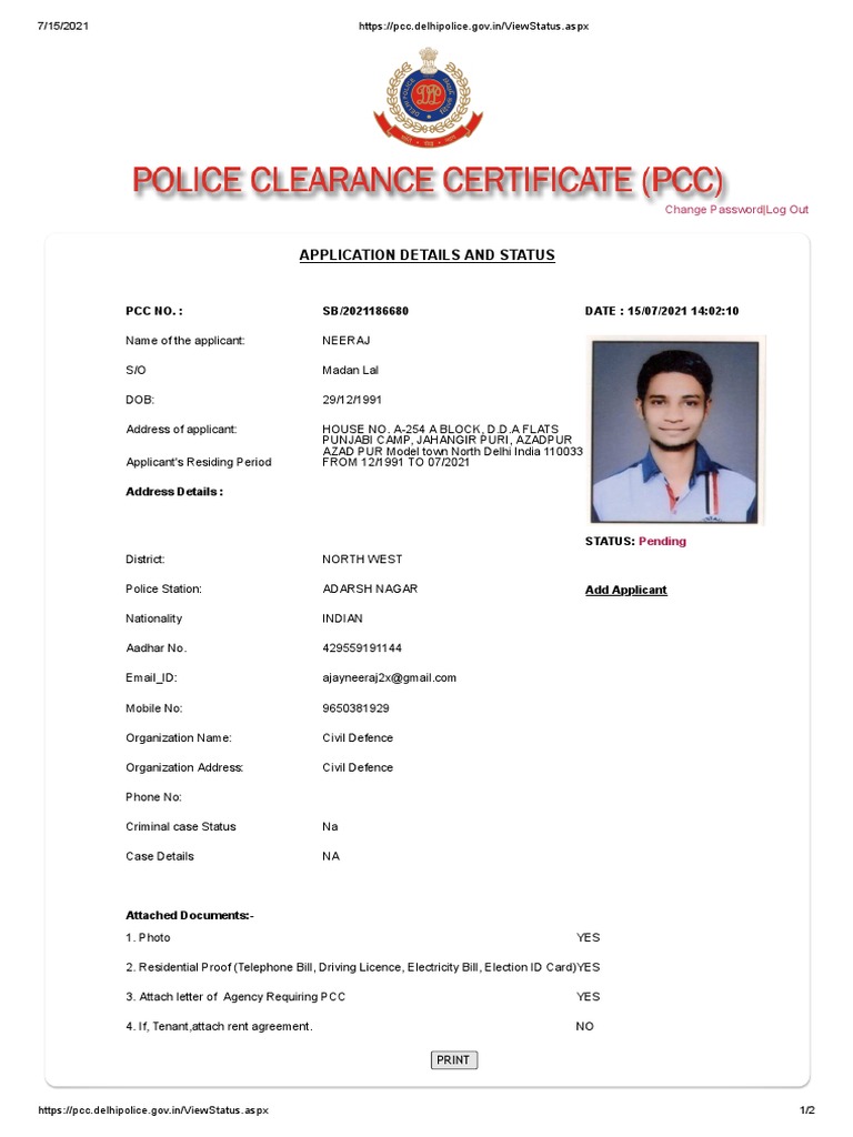 Application Details and Status: PCC No.: SB/2021186680 DATE: 15/07/2021 ...