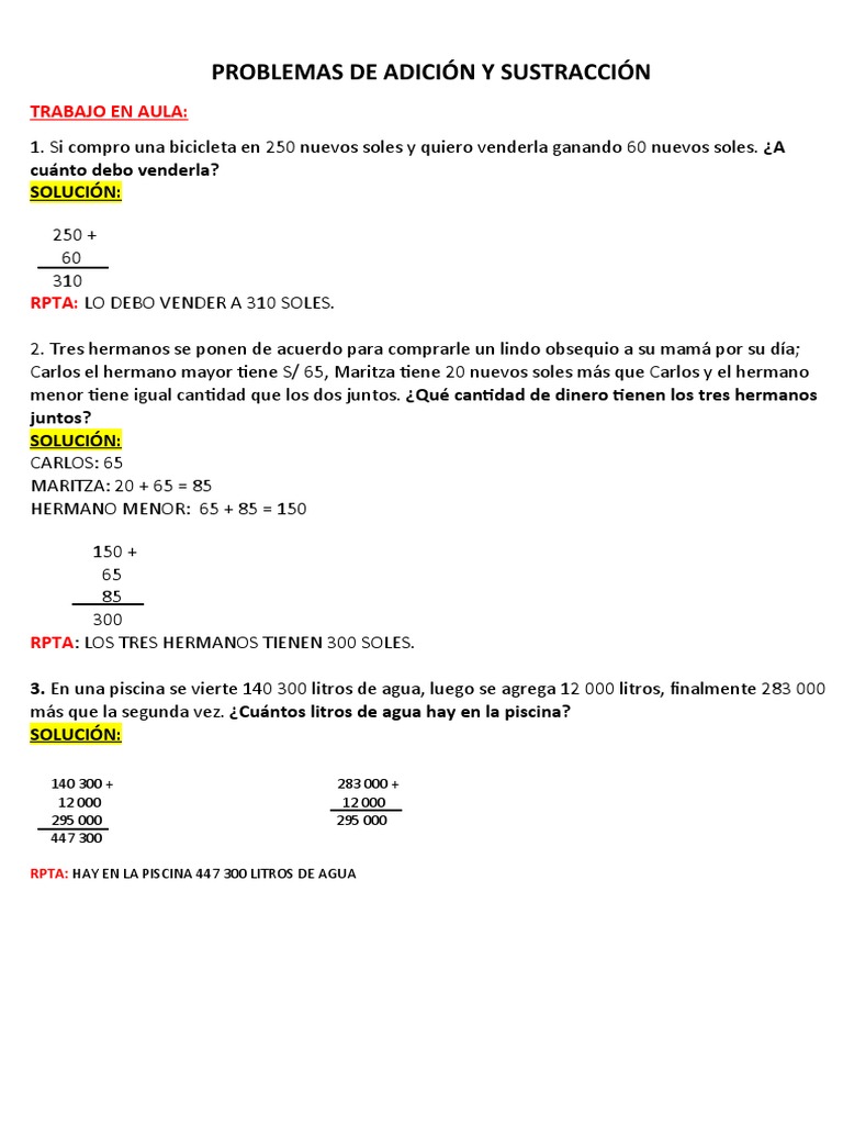 Problemas de Adición y Sustracción - Razonamiento - 3 Grado | PDF