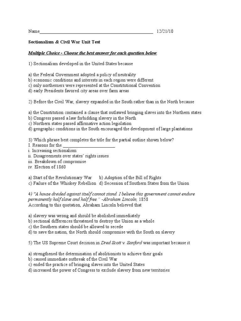 Sectionalism and the Coming of the Civil War: An Analysis of Causes and ...