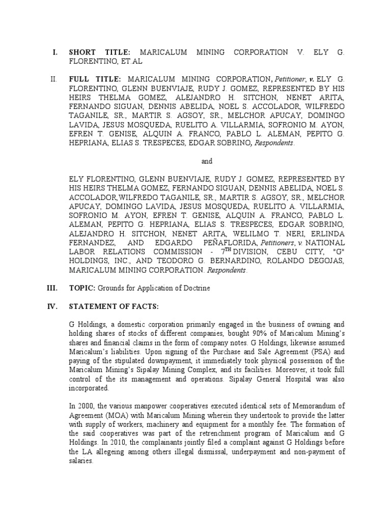 Maricalum Mining vs. Ely Florentino Case | PDF | Piercing The Corporate ...