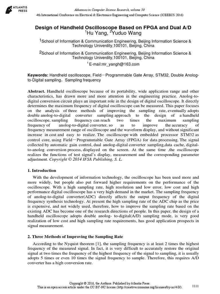 Design of Handheld Oscilloscope Based On FPGA and Dual A/D: Hu Yang ...