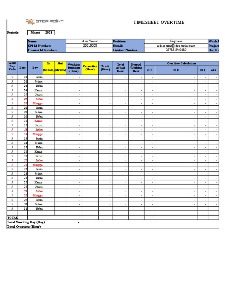 Asis Wanto Timesheet Overtime - PT Step Point Indonesia | PDF | Working ...
