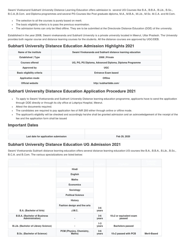 Swami Vivekanand Subharti University Distance Learning Education Offers Admission To | PDF ...