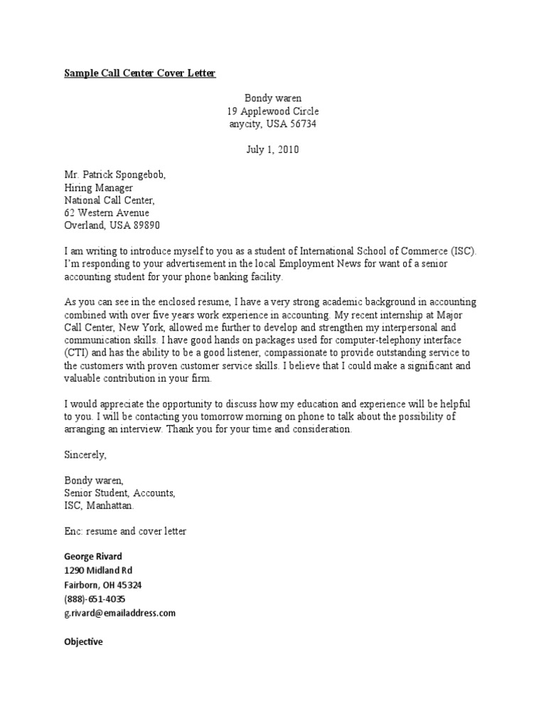 Sample Call Center Cover Letter | PDF | Call Centre | Customer ...