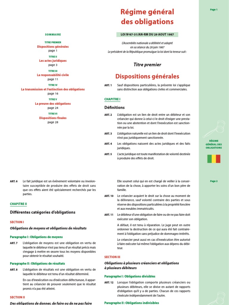 Mali Code 1987 Des Obligations | PDF | Débiteur | Droit des obligations