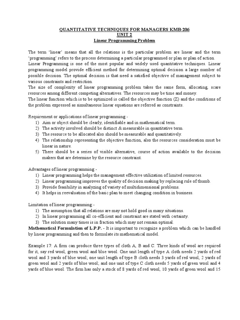 QTM (Unit 2) | PDF | Linear Programming | Mathematical Optimization