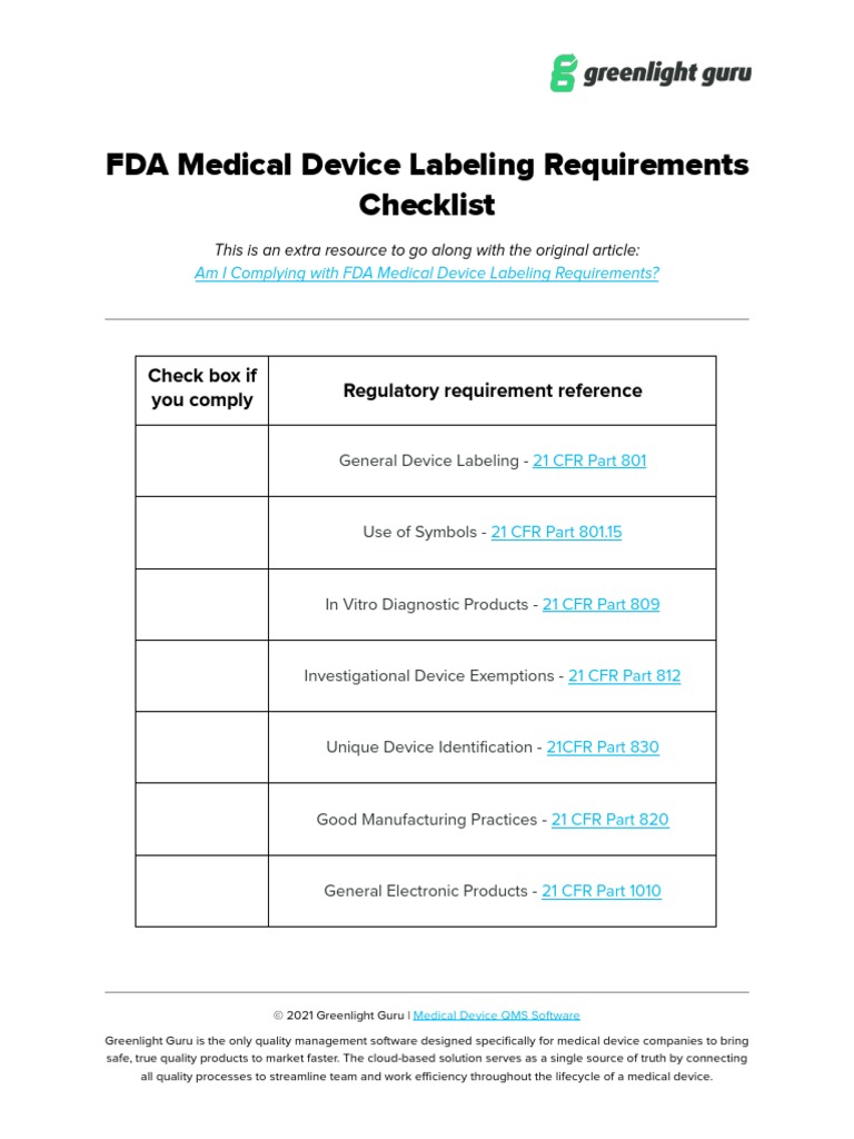 FDA Medical Device Labeling Requirements Checklist - Greenlight Guru | PDF