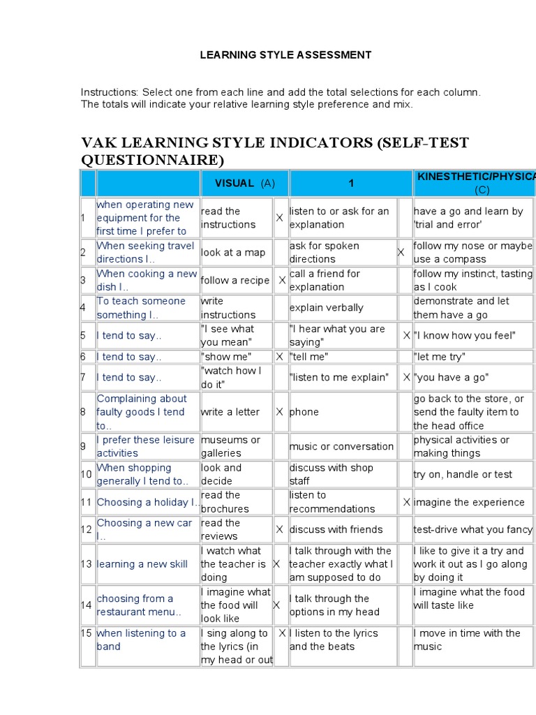 Vak Learning Style Indicators (Self-Test Questionnaire) | PDF ...