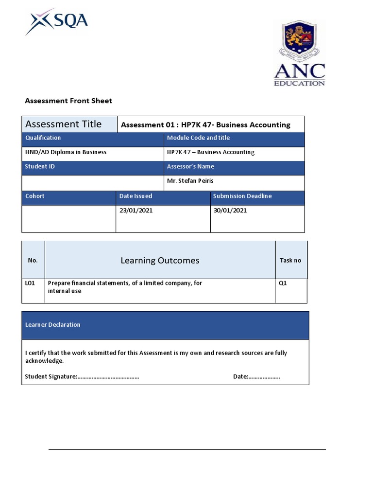 SQA Accounting Assignment 1 | PDF | Equity (Finance) | Expense