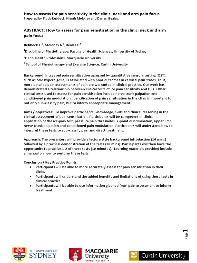 HOW TO Assess For Pain Sensitisation in The Clinic HANDOUT | PDF | Pain ...
