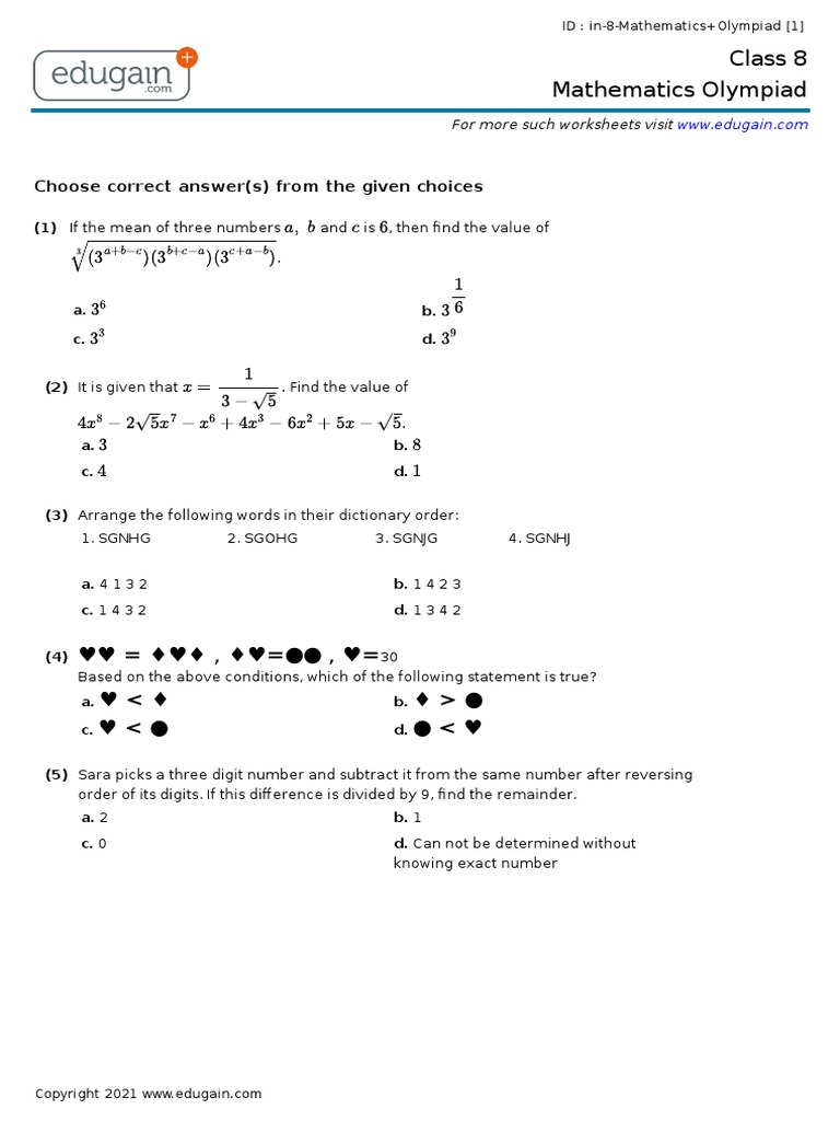Grade 8 Mathematics+Olympiad in | PDF | Numbers | Mathematics
