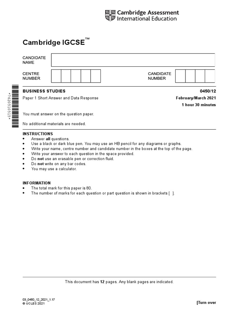 Cambridge IGCSE: 0450/12 Business Studies | PDF | Business | Economies