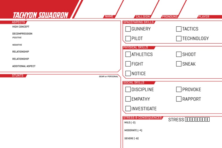Tachyon Squadron Character Sheet Formfillable | PDF