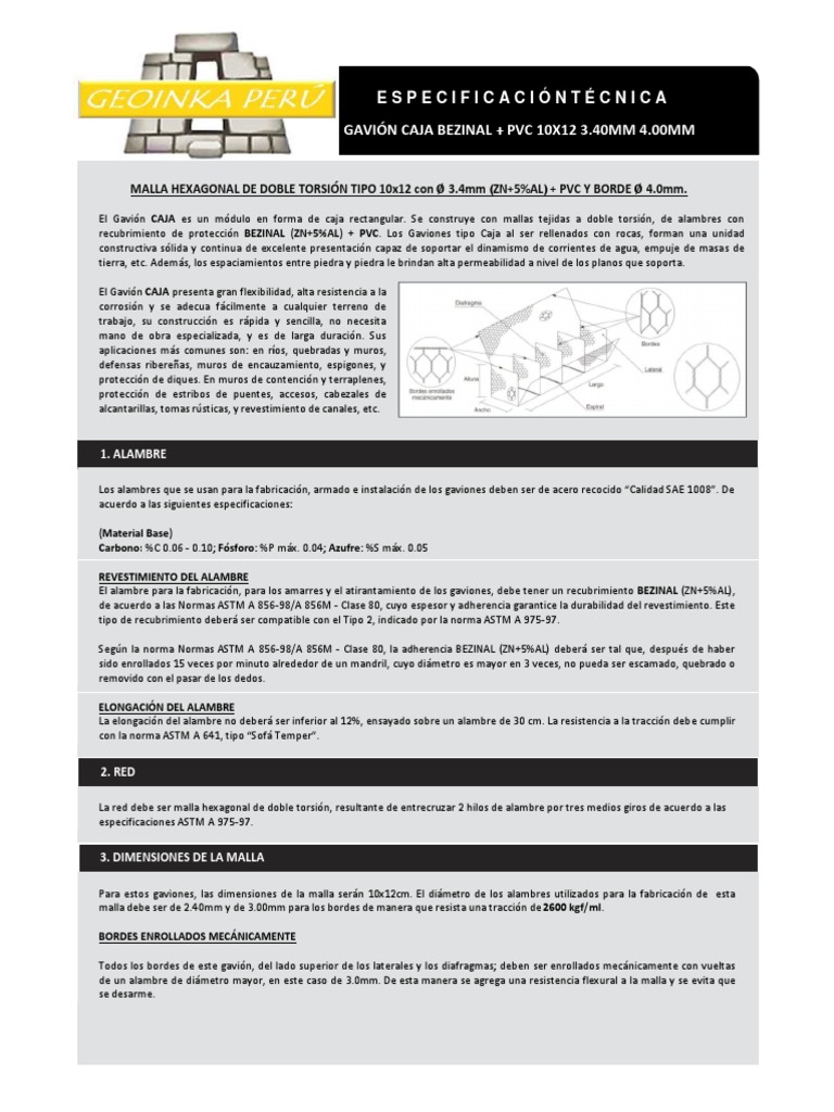 Gaviones BEZINAL 10x12: Especificaciones técnicas | PDF | Cable ...