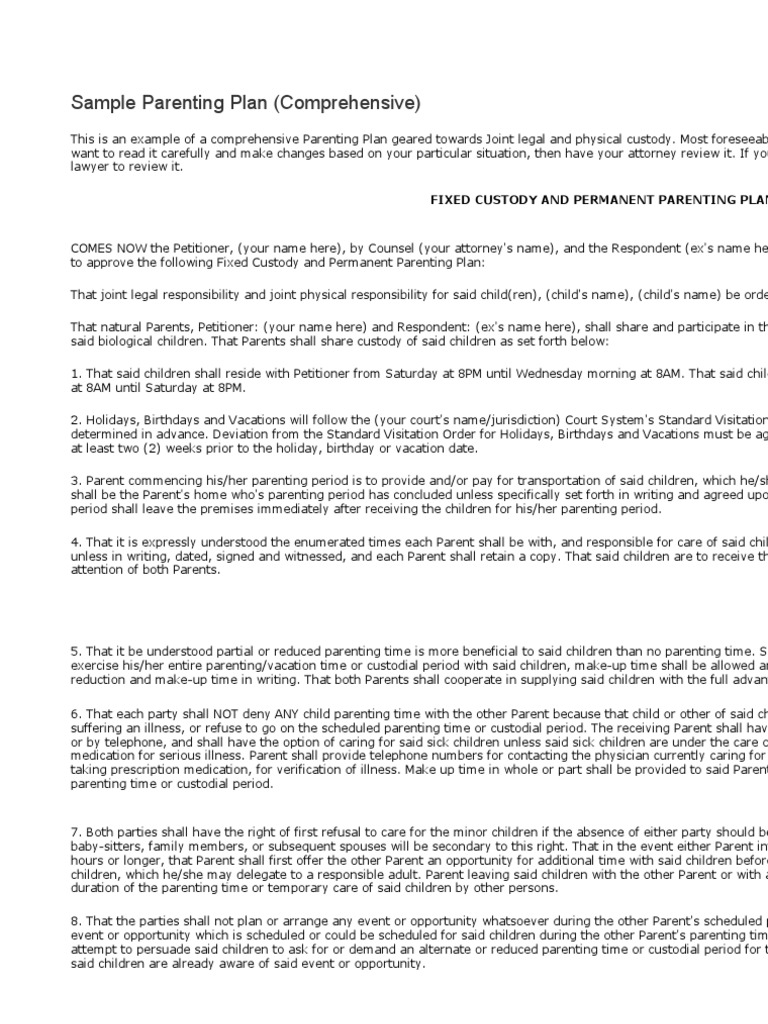 Parenting Plan Examples | PDF | Child Custody | Stepfamily