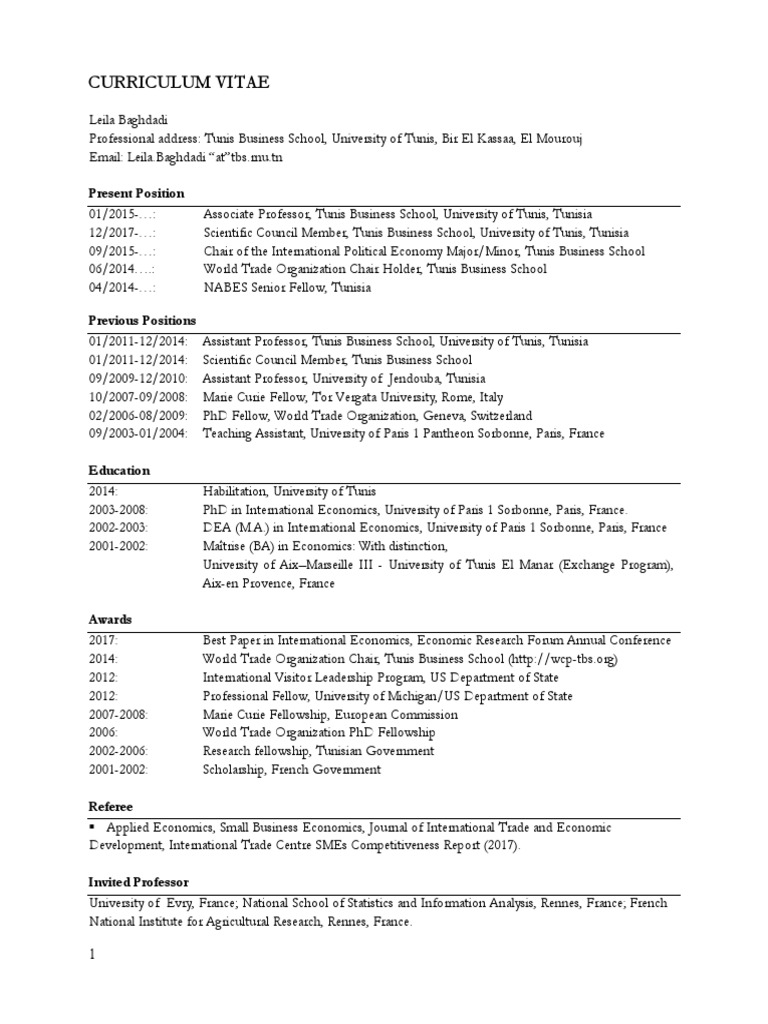 CV of Leila Baghdadi | PDF | Tunisia | World Trade Organization