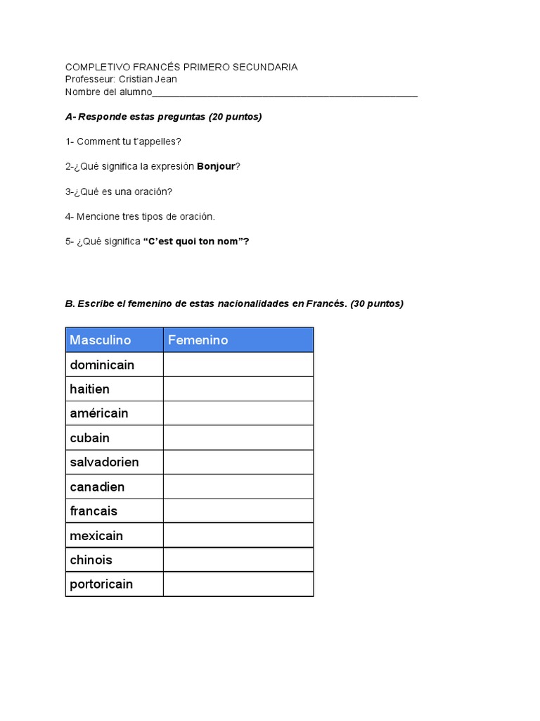 Completivo Francés Primero Secundaria | PDF