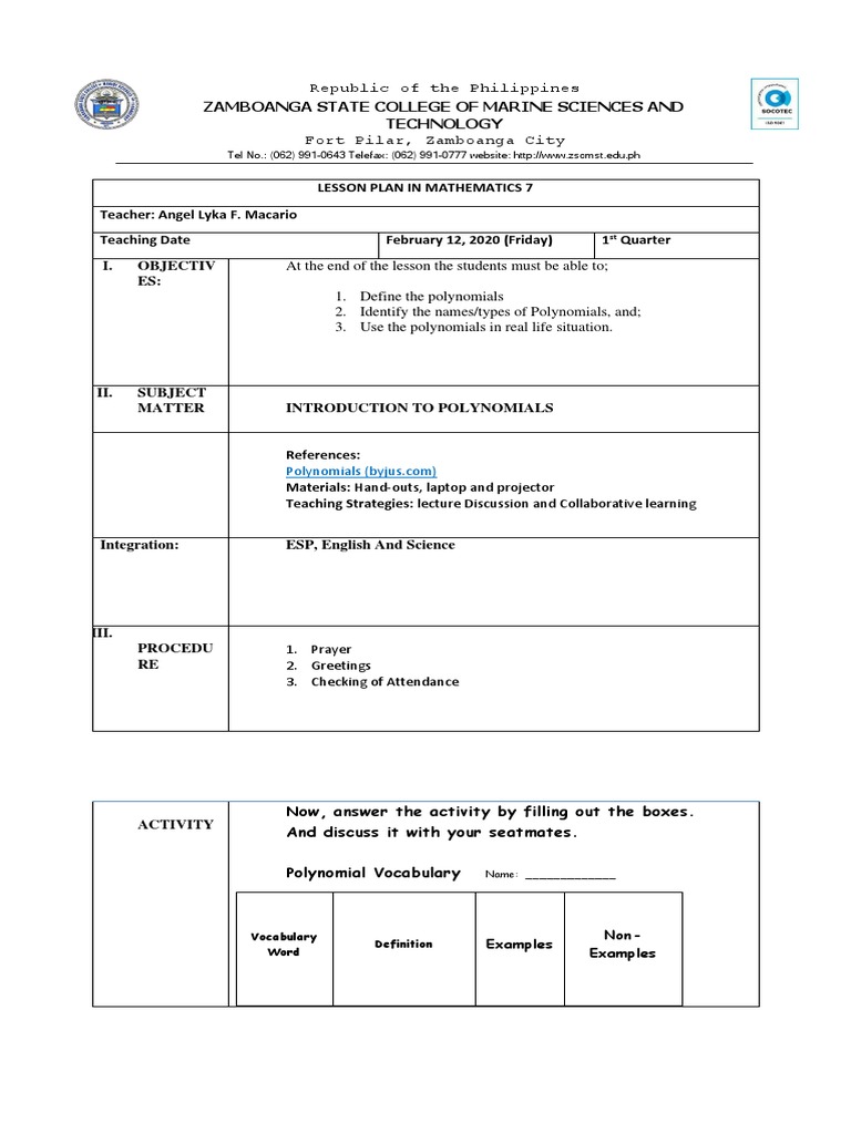 Semi-Detailed LESSON PLAN | PDF | Polynomial | Variable (Mathematics)