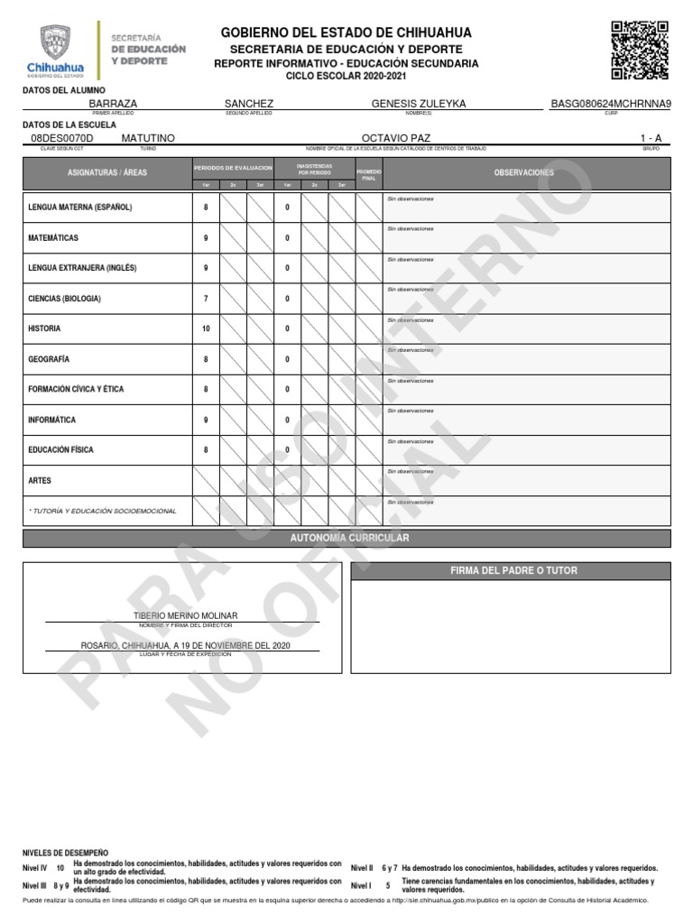 Boleta Interna de Primer Trimestre 2020-2021 1 A | PDF
