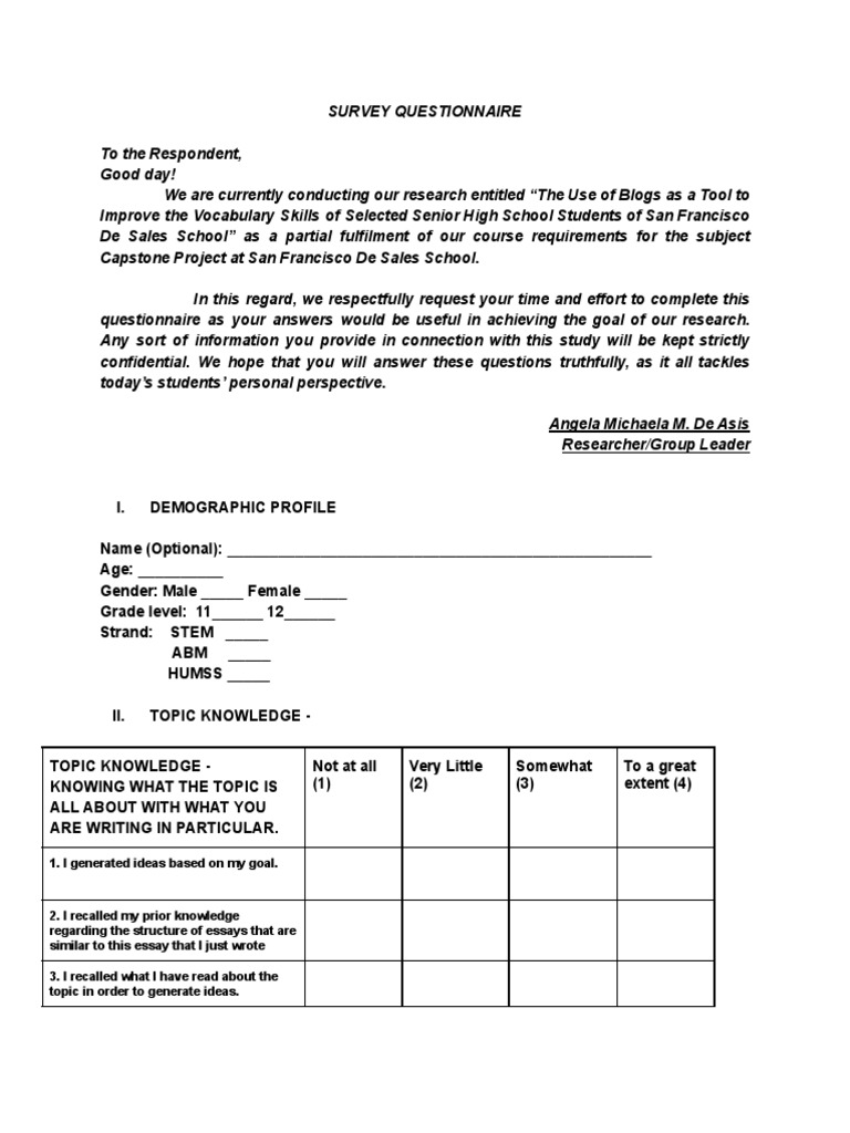 Survey Questionnaire | PDF | Blog | Questionnaire