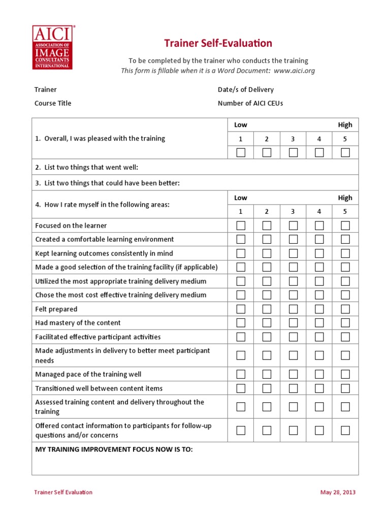 Trainer Self-Evaluation Feedback Form | PDF