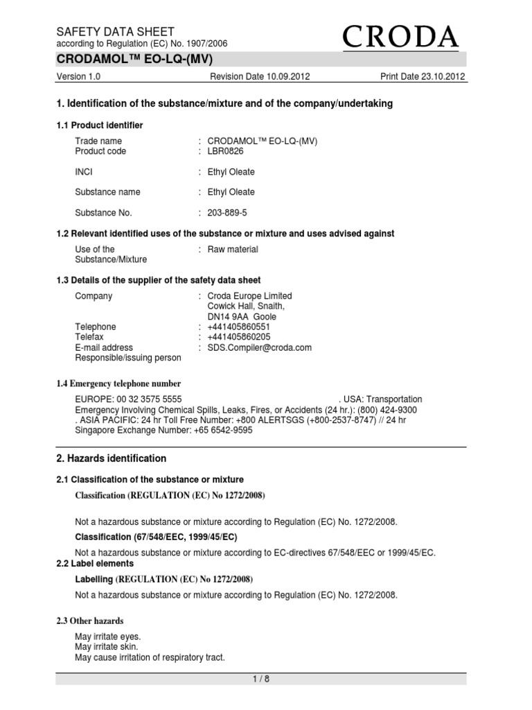 Crodamol Eo LQ MV | PDF | Toxicity | Firefighting
