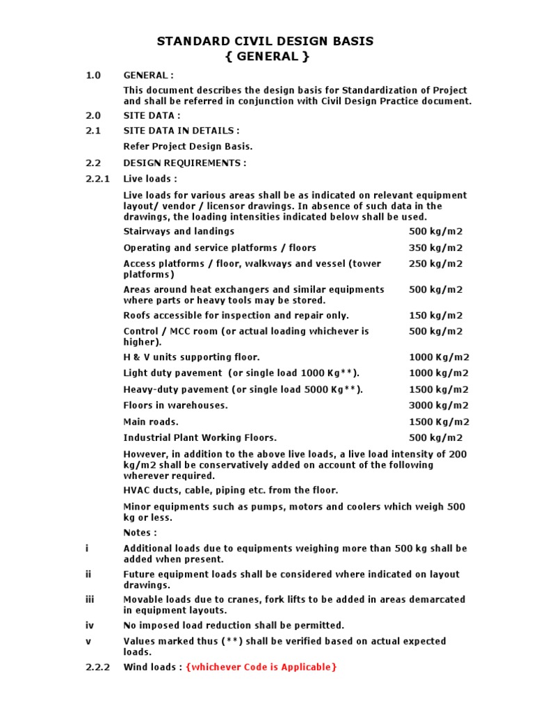 Standard Civil Design Basis - General | PDF | Concrete | Screw