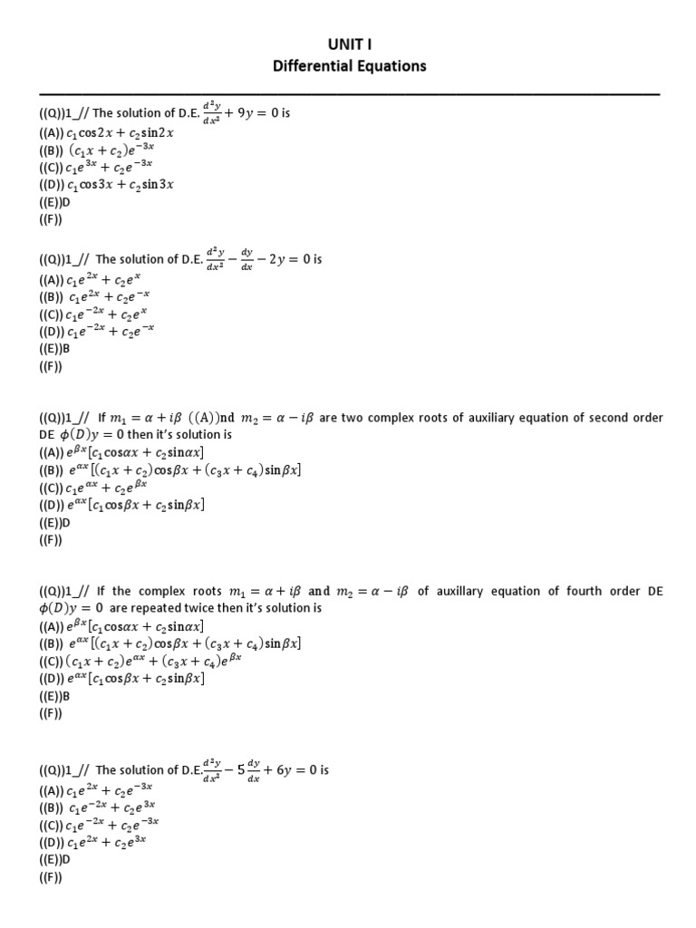 MCQ Unit I-1 | PDF | Differential Equations | Differential Calculus