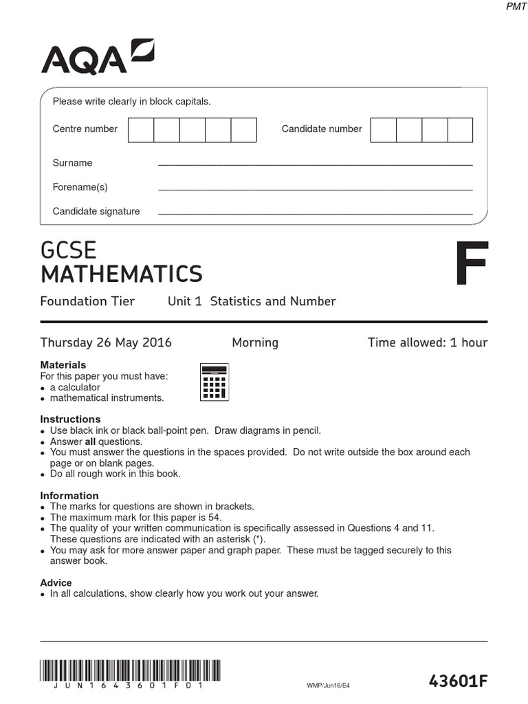 June 2016 QP - Unit 1 (F) Aqa Maths (A) Gcse | PDF