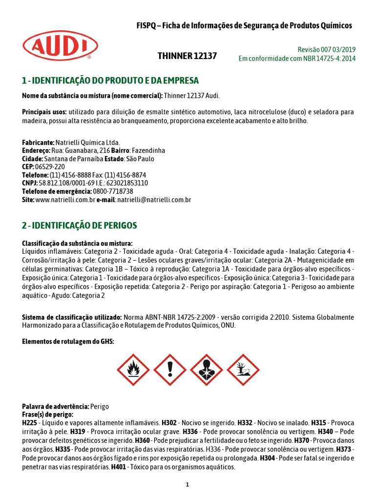 FISPQ Thinner 12137 | Download grátis PDF | Ciências Físicas | Química