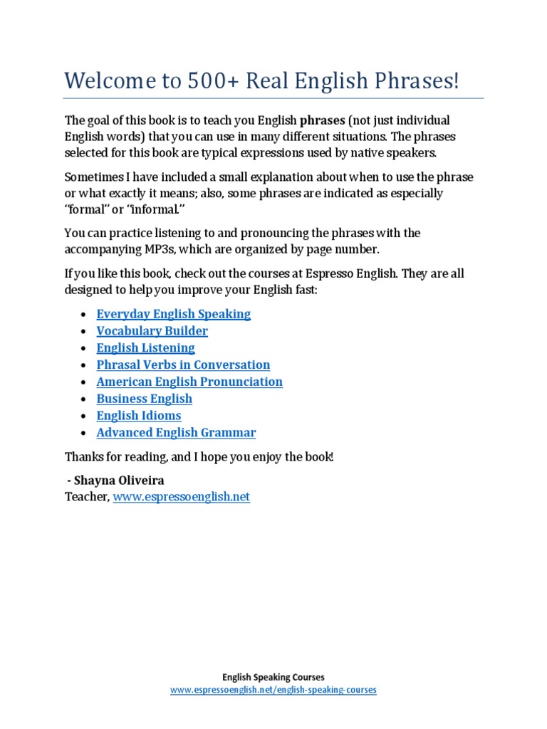 Welcome To 500+ Real English Phrases! | PDF | Language Arts & Discipline