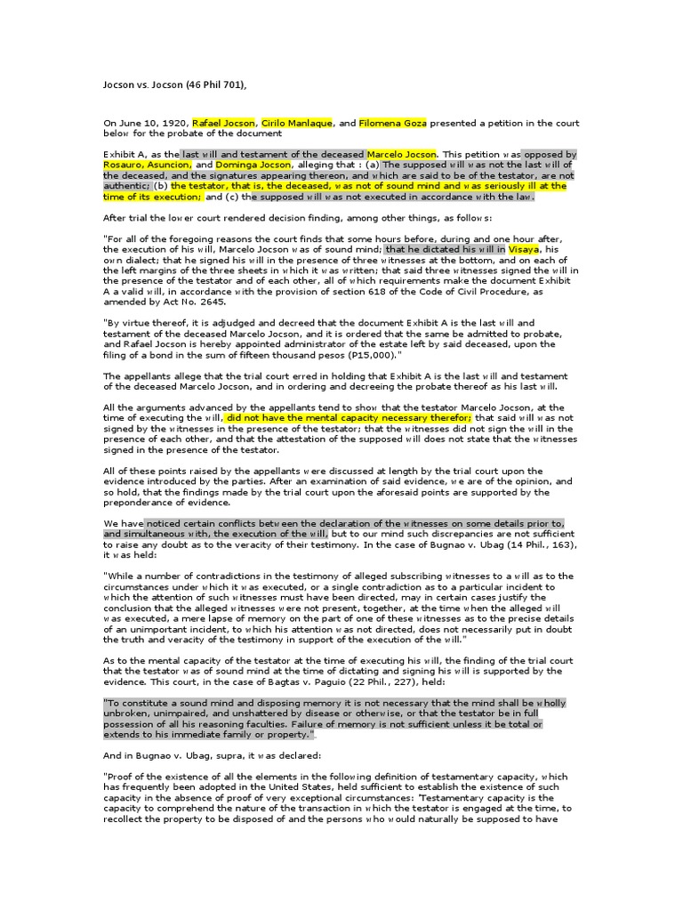 Jocson Vs Jocson | PDF | Will And Testament | Witness