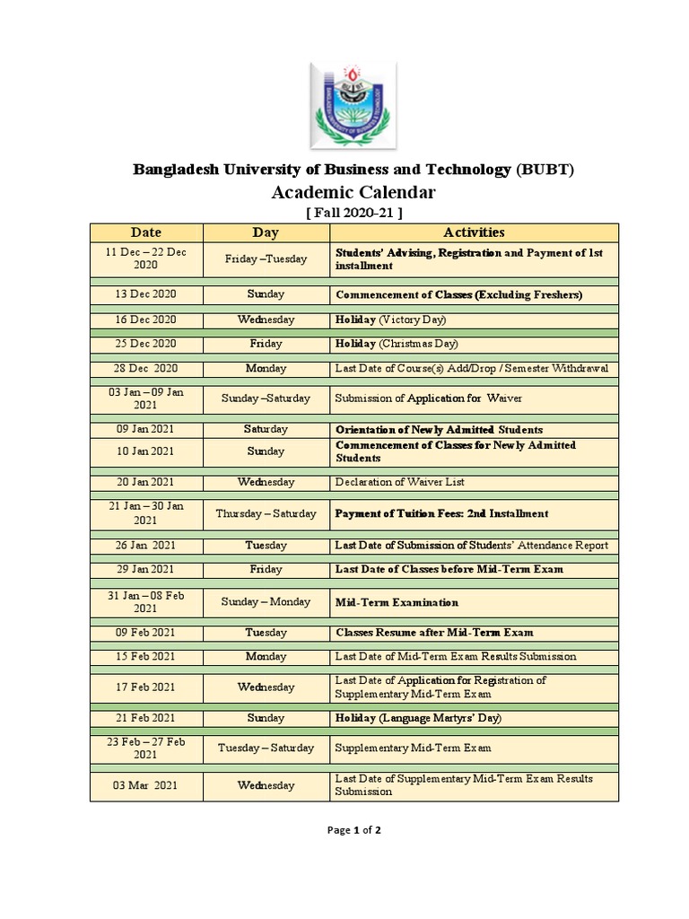 BUBT Fall 2020-21 Academic Calendar | PDF | Academic Term | Schools