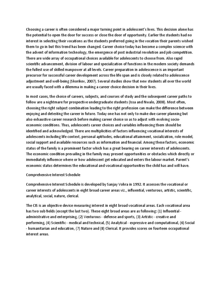 CIS - Comprehensive Interest Schedule | PDF | Adolescence | Vocational ...
