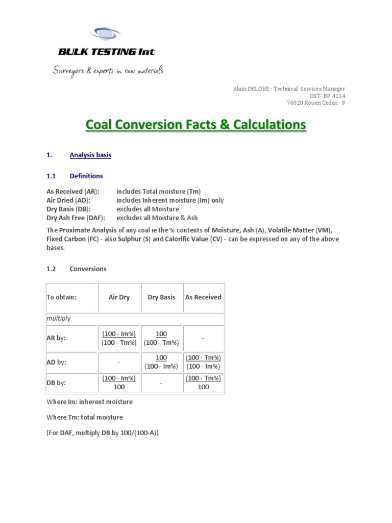 Coal Conversion and Calorific Value Formulas | PDF | Ton | Tonne