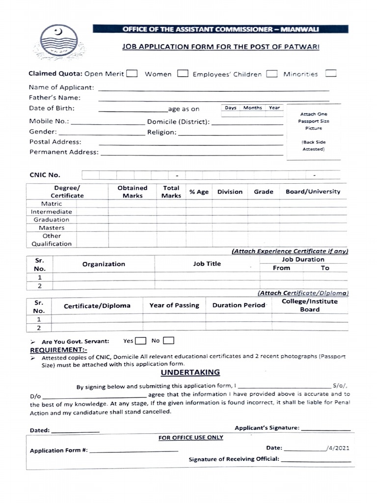 Patwari Job Application Form | PDF | Educational Stages