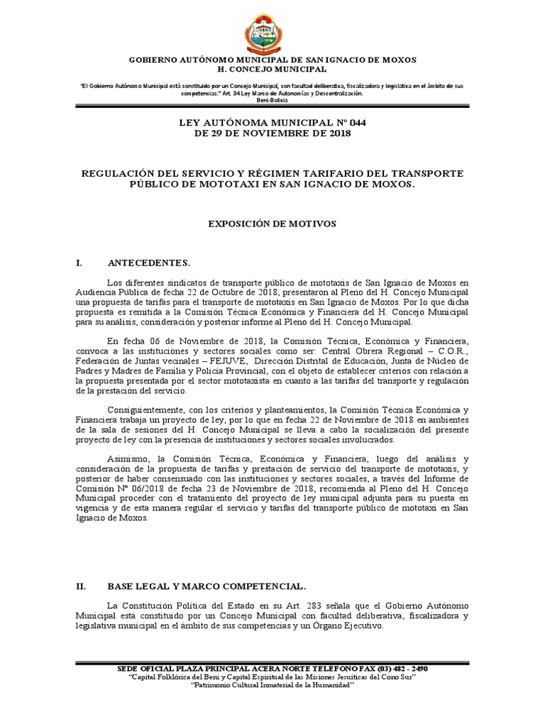 Ley #044 - Regulac. Tarifa Mototaxi | PDF | Transporte | Transporte público