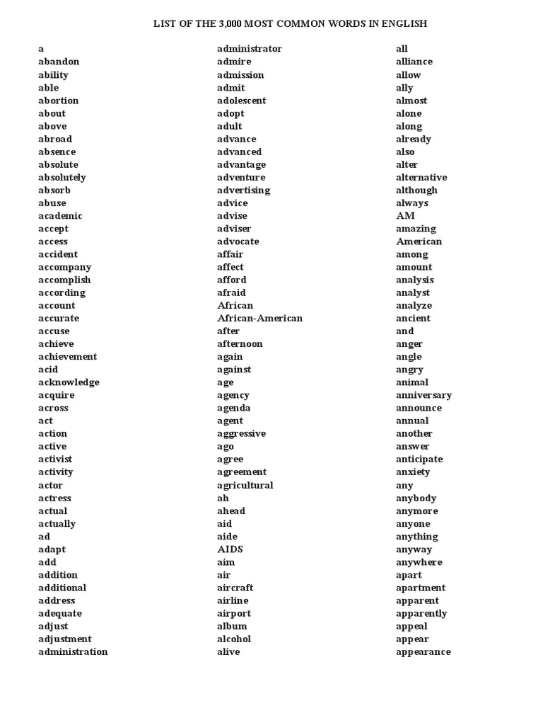 List of The 3,000 Most Common Words in English | PDF | Employment