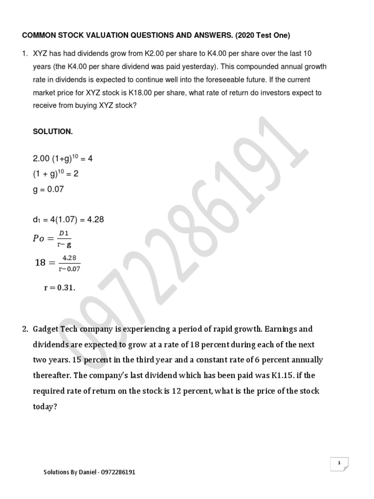 Common stock valuation questions | PDF | Stocks | Dividend