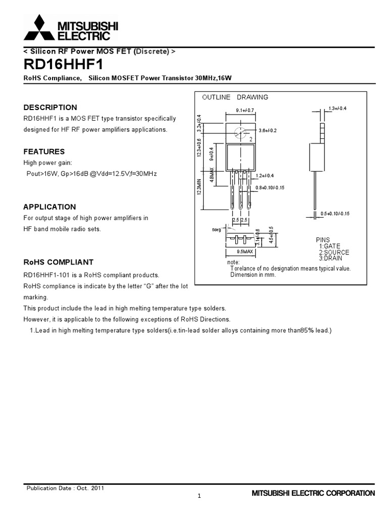 RD16HHF1: Silicon RF Power MOS FET ( | PDF | Field Effect Transistor ...