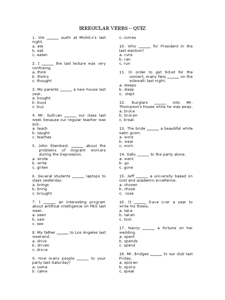 Irregular Verbs Quiz 70 Verbs | PDF