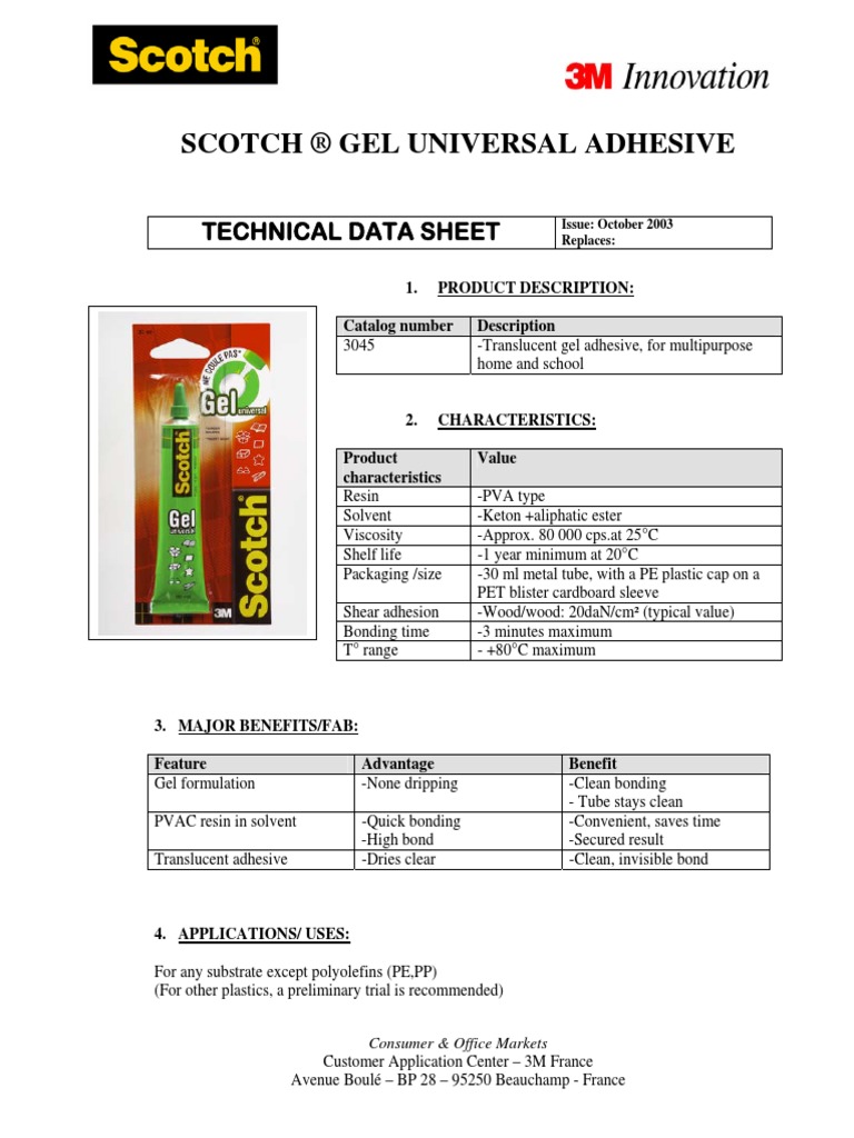 Scotch ® Gel Universal Adhesive: Technical Data Sheet | PDF | Adhesive ...