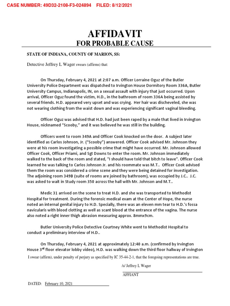 Probable Cause Affidavit - Carlos Johnson Jr. | PDF | Affidavit | Dna ...