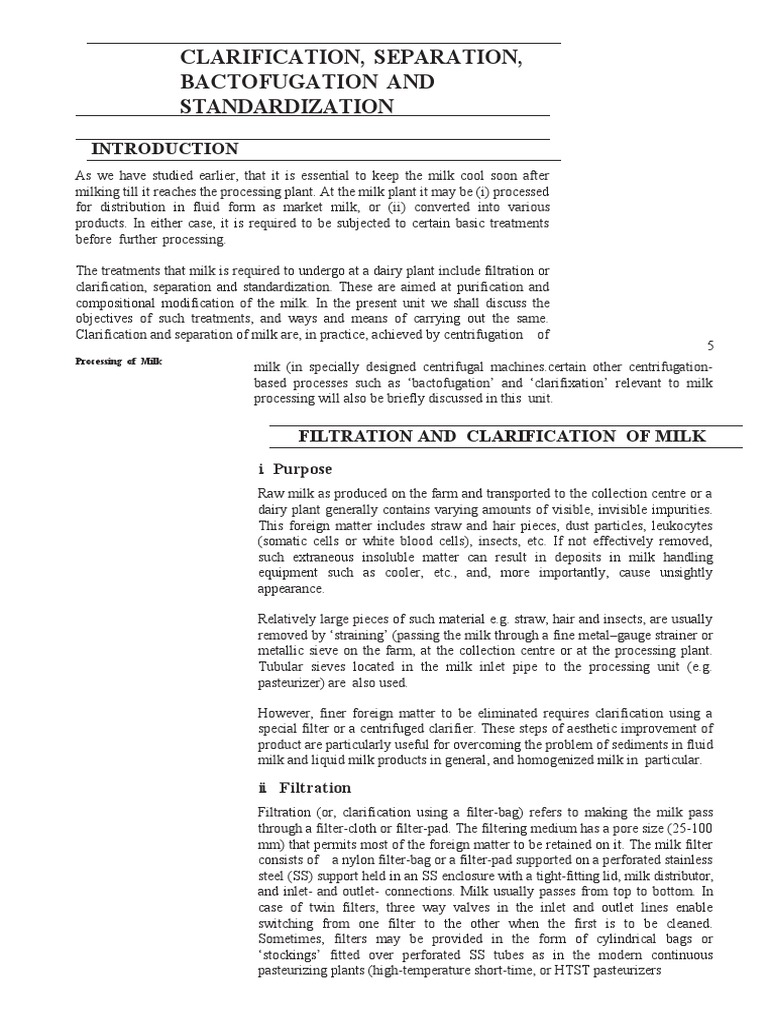 Clarification, Separation, Bactofugation and Standardization of Milk ...