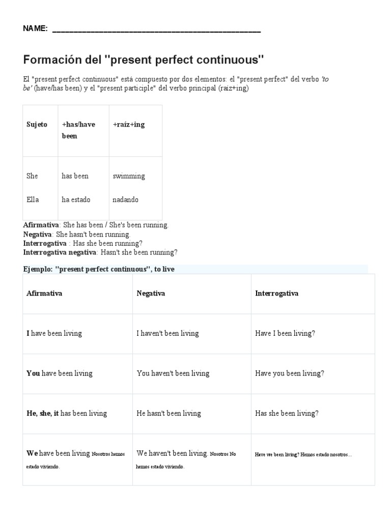 Estructura y Ejercicios del Present Perfect Continuous | PDF