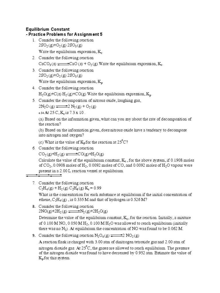Equilibrium Constant - Practice Problems For Assignment 5 | PDF ...