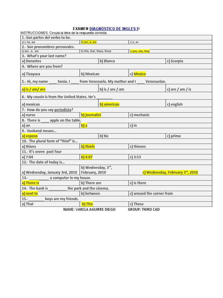 Diagnostic test-englishIII - DVA | PDF